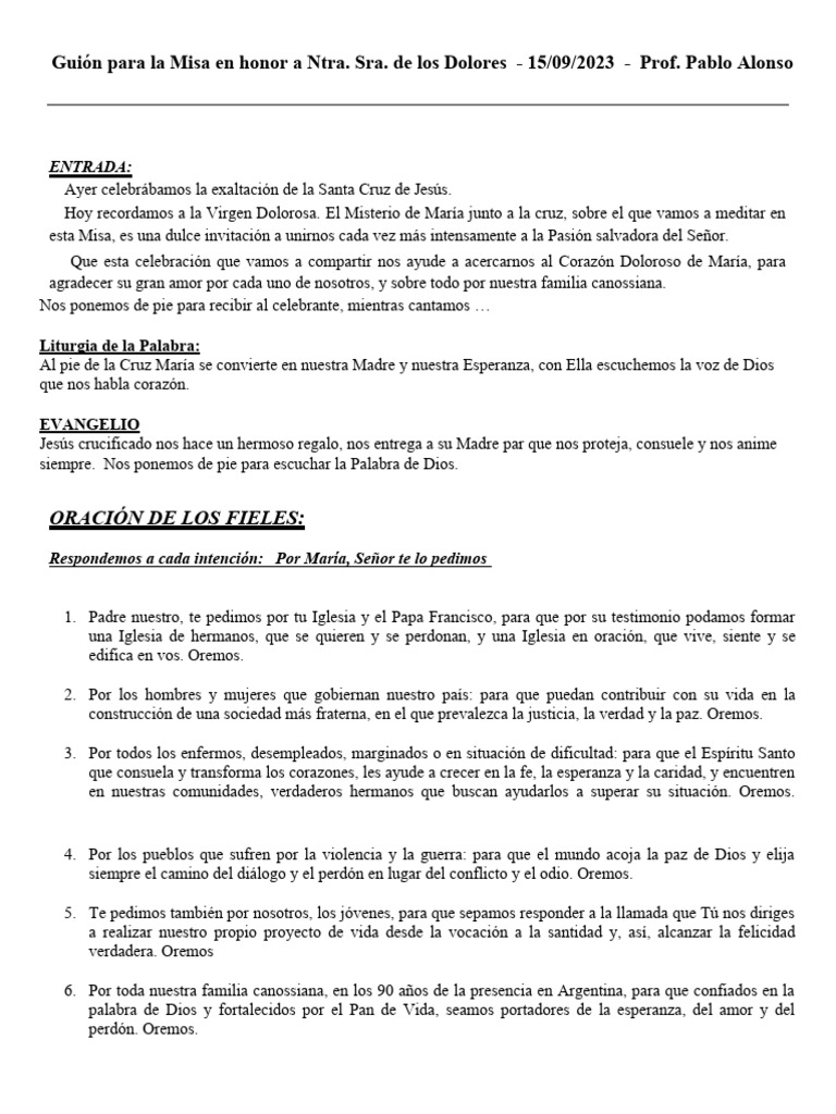 Guión para La Misa en Honor A Ntra Sra de Los Dolores | PDF | María ...
