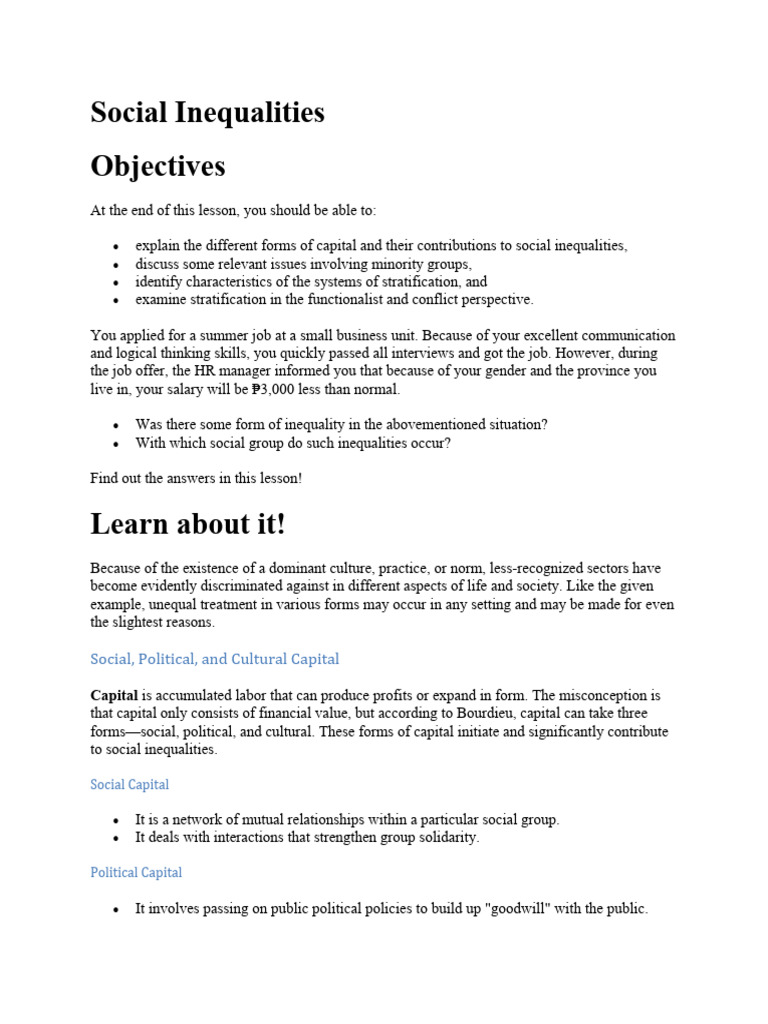 Activity 1 Social Inequalities | PDF | Minority Group | Society