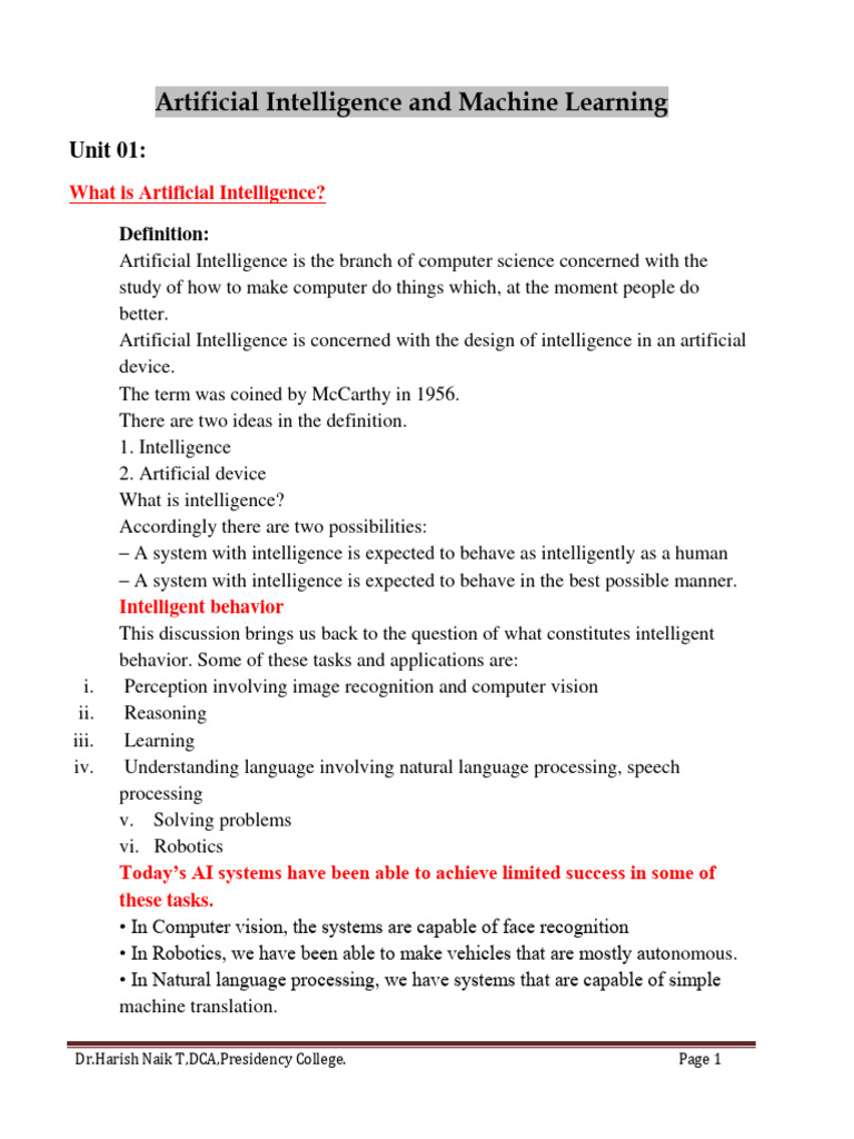 Ai and Ml-Unit 1234 (Notes) | PDF | Artificial Intelligence ...