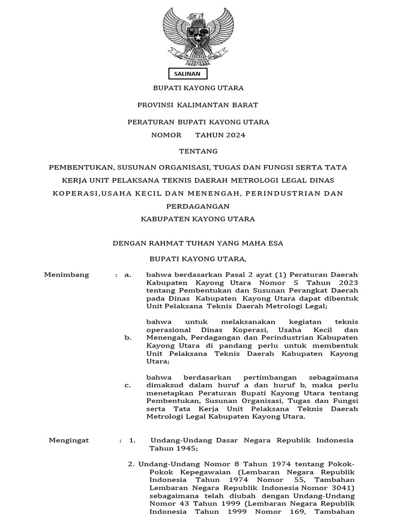 Perbup No 36 Tahun 2018 TTG SOTK UPTD Metrologi Legal | PDF ...