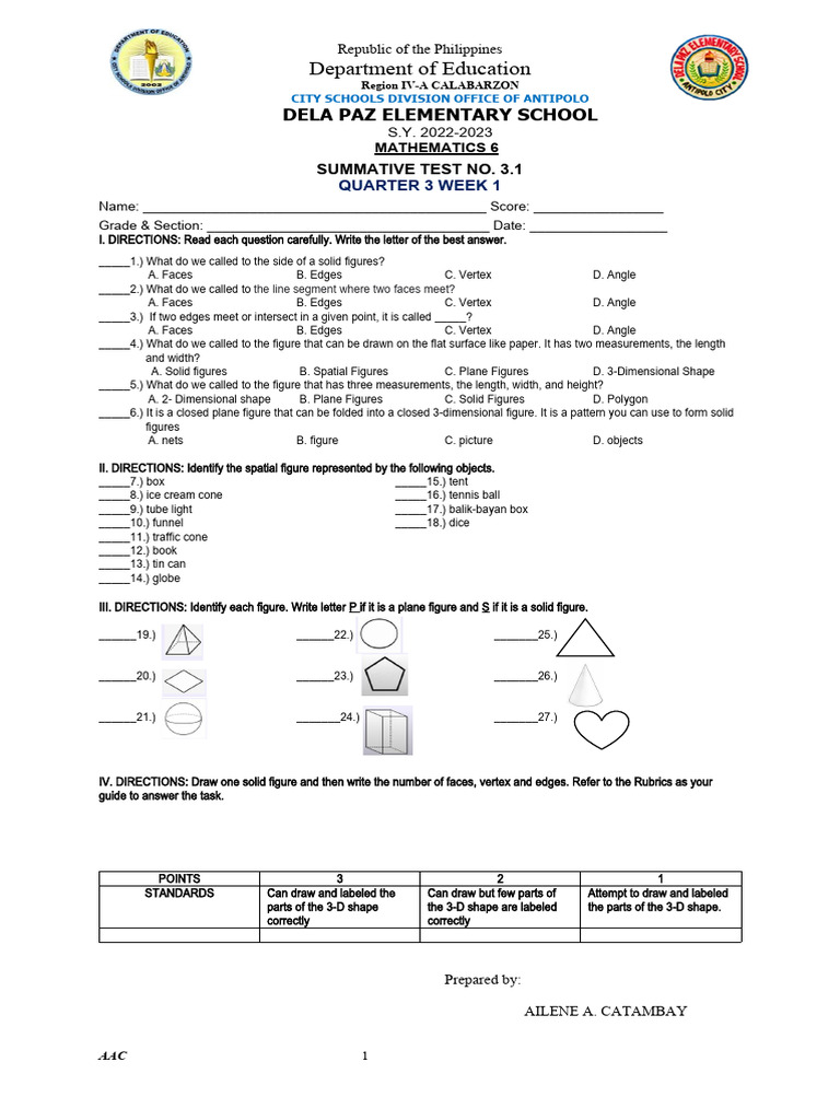 SUMMATIVE TEST - MATH 6 Q3 (Week 1) | PDF | Length | Shape
