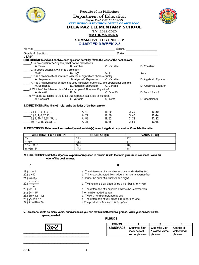 Summative Test - Math 6 q3 (Week 2-3) | PDF | Variable (Mathematics ...