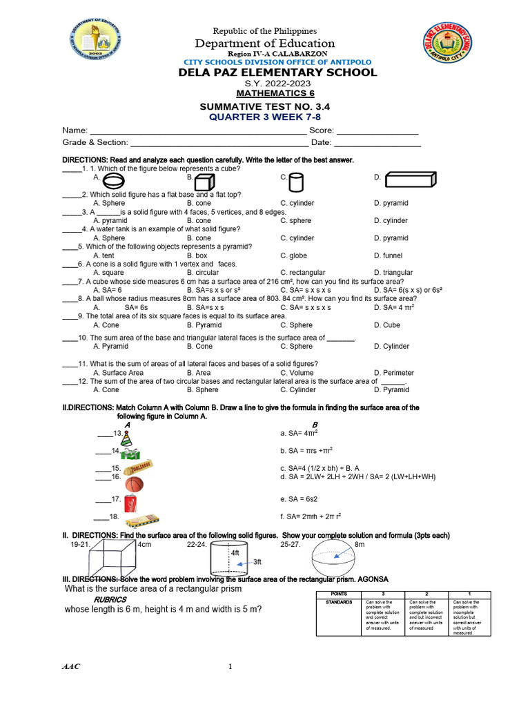 Grade 6 Math Summative Test 3.4 | PDF | Area | Sphere