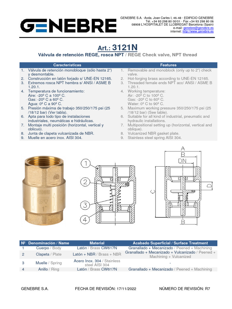 Valvula Retencion Serie 3121N - Genebre | PDF | Gases | Ingeniería de Edificación