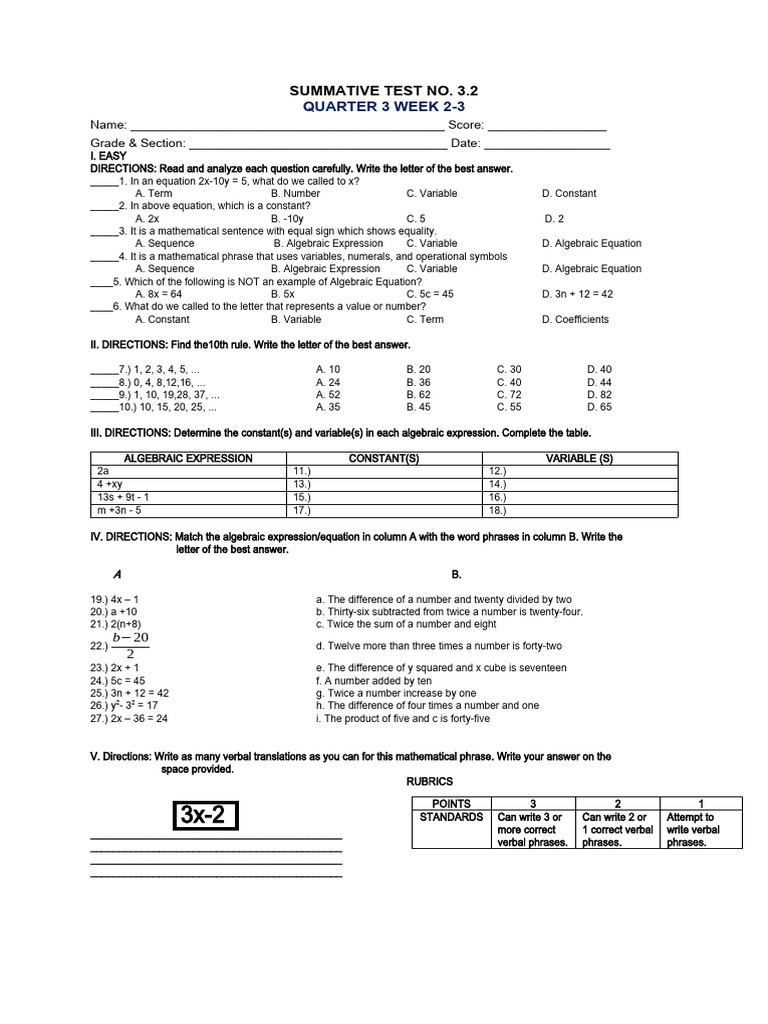 SUMMATIVE TEST - MATH 6 Q3 (Week 2-3) | PDF | Variable (Mathematics ...