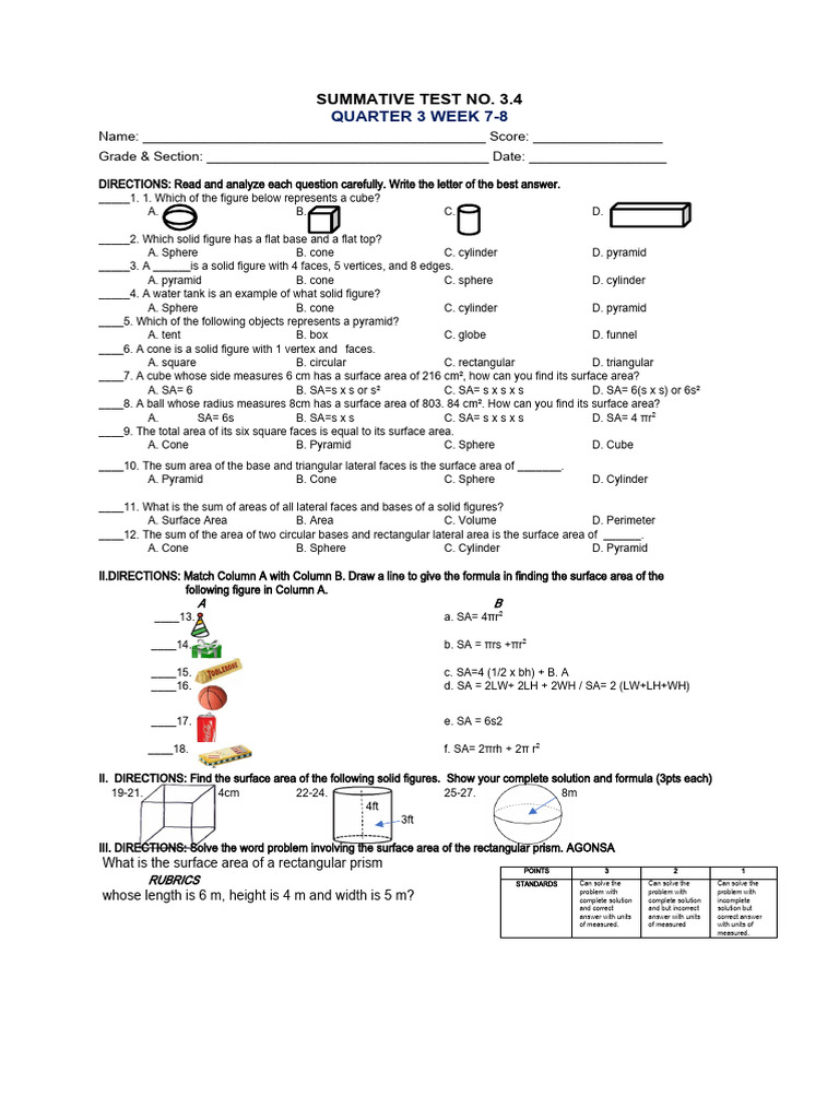 SUMMATIVE TEST-MATH 6 Q3 (Week 7-8) | PDF | Area | Sphere