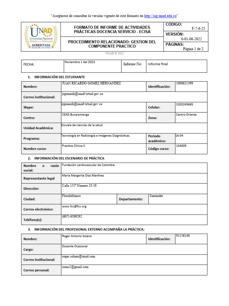 Anexo 2 - Componente Práctico - Práctica Profesional. Formato de Informe de Actividades ...