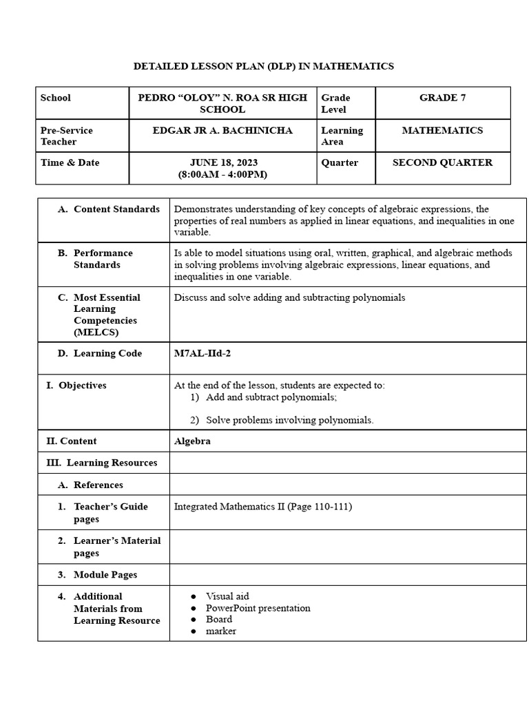 Adding and Subtracting Polynomials - DLP | PDF | Polynomial | Mathematics