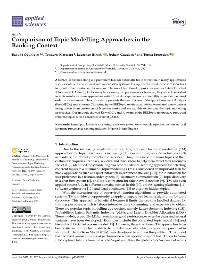 Comparison of Topic Modelling Approaches in The Banking Context | PDF | Principal Component ...