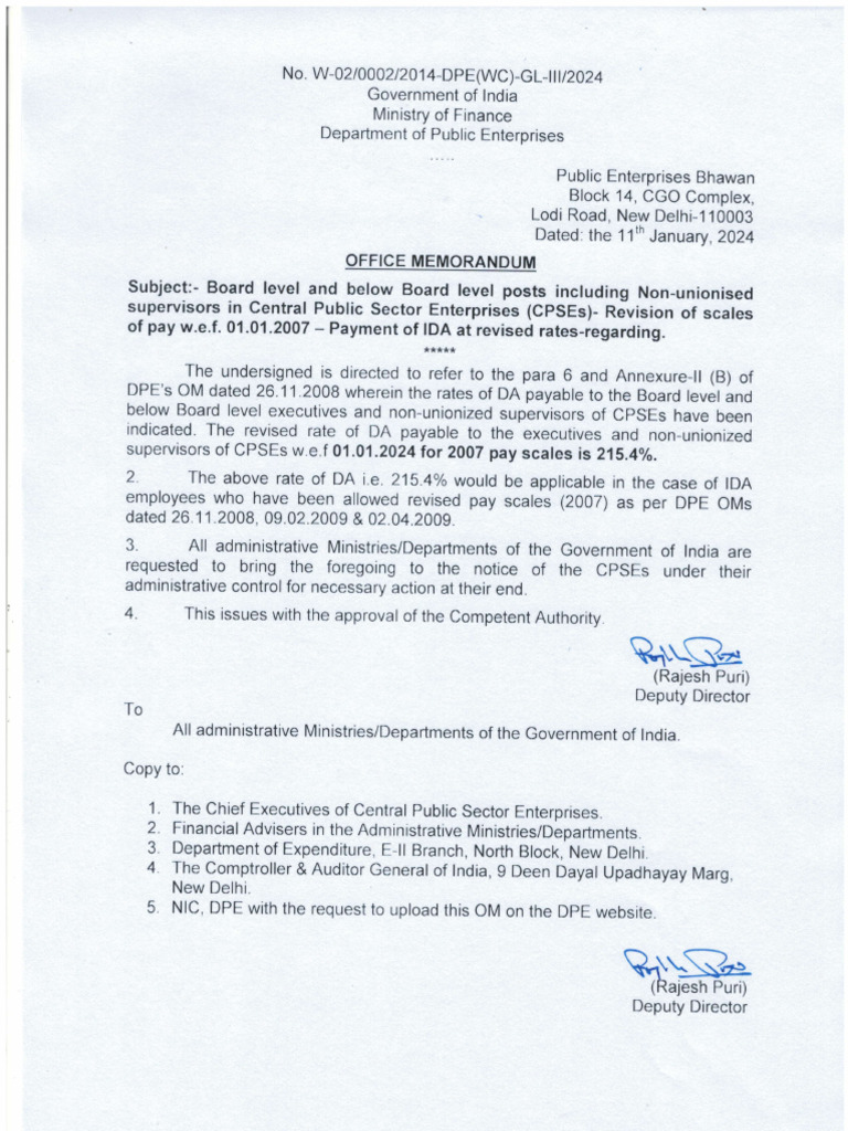OM 11 Jan 2024 Reg 2007 IDA Pay Scales Revised DA | PDF