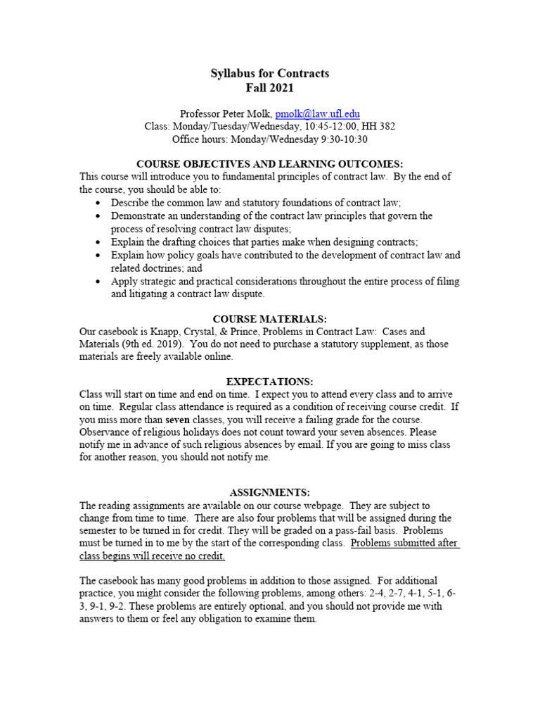 Contracts Law Syllabus Fall 2021 | PDF