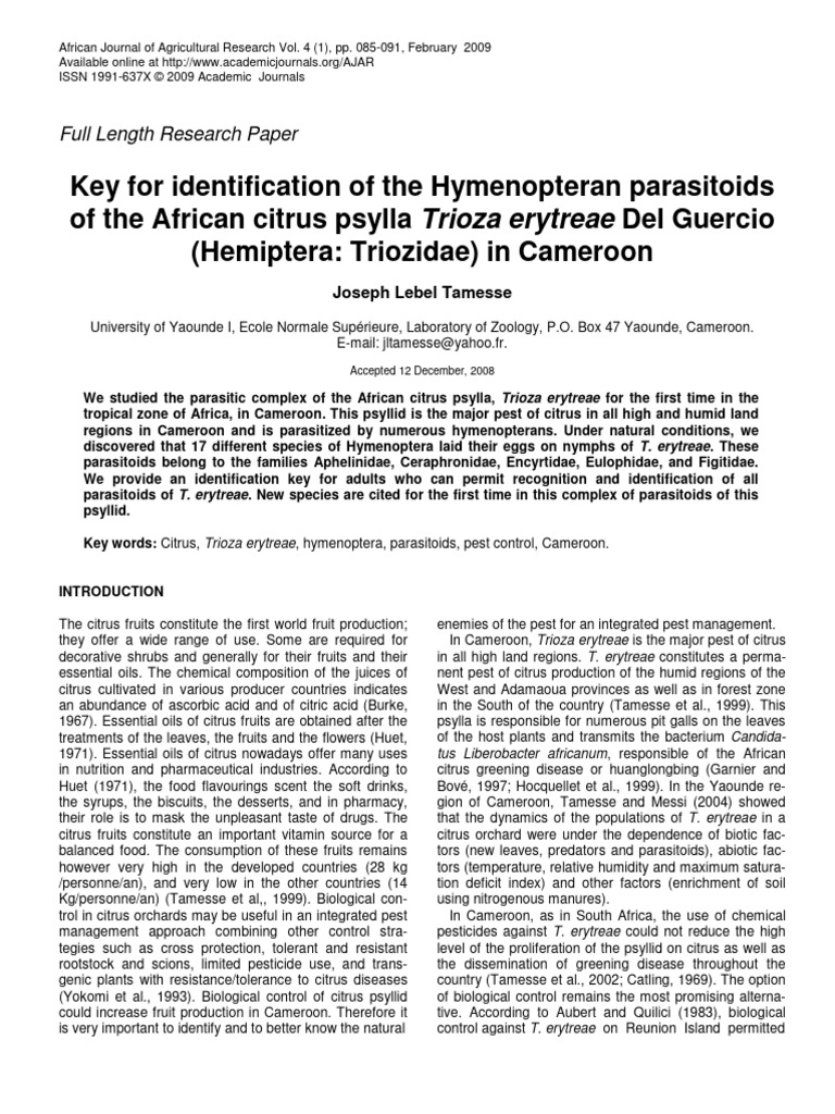Key For Identification of The Hymenopteran Parasitoids of The African ...