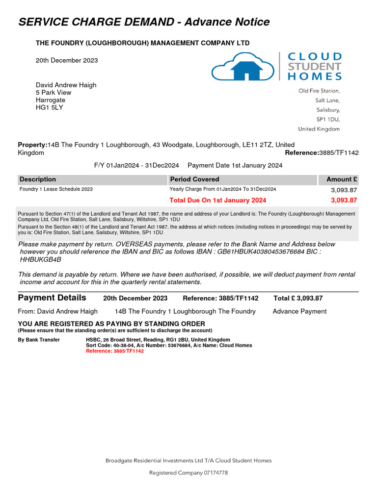 14B The Foundry 1 Loughborough Service Charge Demand Notice in Advance ...