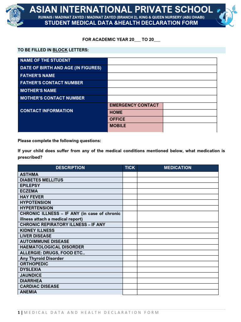 Ais Student Medical and Health Declaration Form 2023-24 | Download Free PDF | Clinical Medicine ...