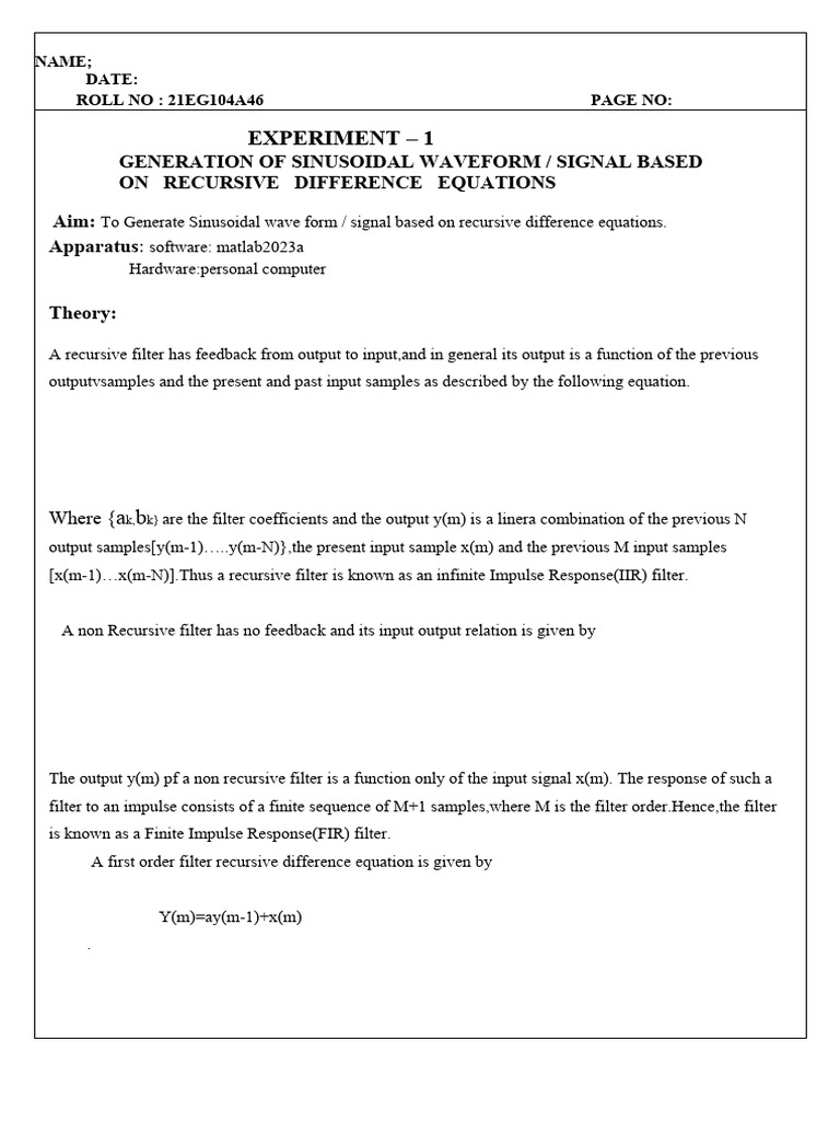 Experiment - 1: Generation of Sinusoidal Waveform / Signal Based On ...