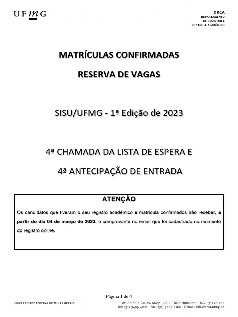 Matriculas Confirmadas Reserva de Vagas 4a CHAMADA DA LISTA DE ESPERA E 4a ANTECIPACAO DE ...