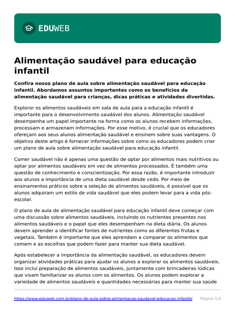 Plano de Aula: Alimentação Saudável Infantil | PDF | Alimentos | Pré-escola