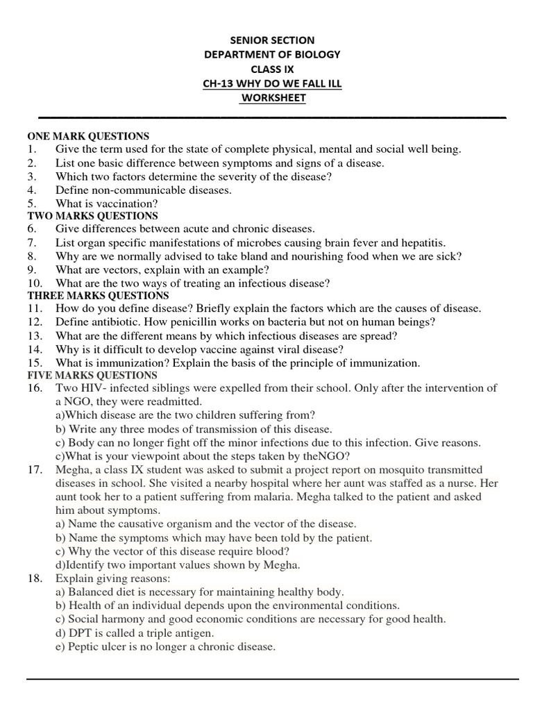 CBSE Class 9 Science Worksheet - Why Do We Fall Ill | PDF | Infection ...