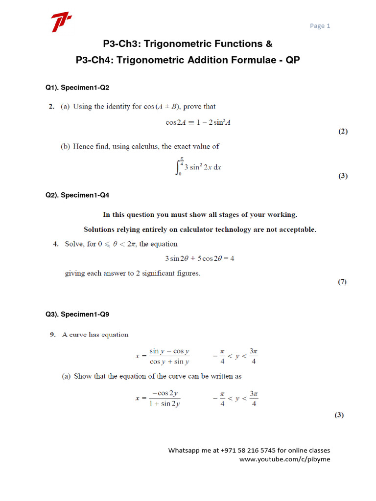 P3 Ch3 And Ch4 Trigonometry Pastpapers Qp Pdf
