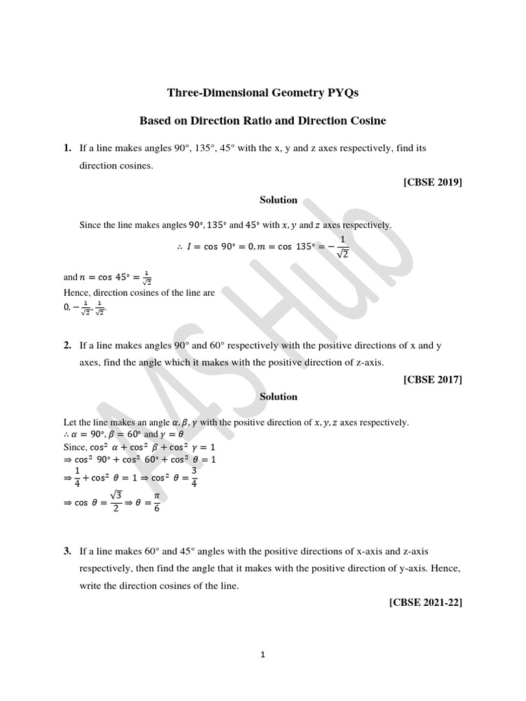 Three-Dimensional Geometry: Direction Cosines | PDF | Equations | Line ...