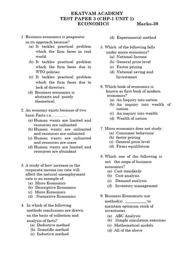 Chapter 1 Unit 1test 1 Questions | PDF | Economics | Microeconomics Chapter 1 Unit 1test 1 Questions | PDF | Economics | Microeconomics