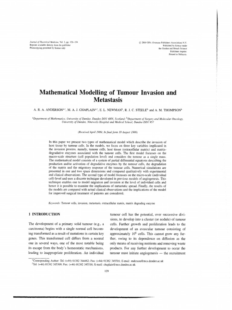 Mathematical Modelling of Tumour Invasion and Metastasis: Theof-Etical ...