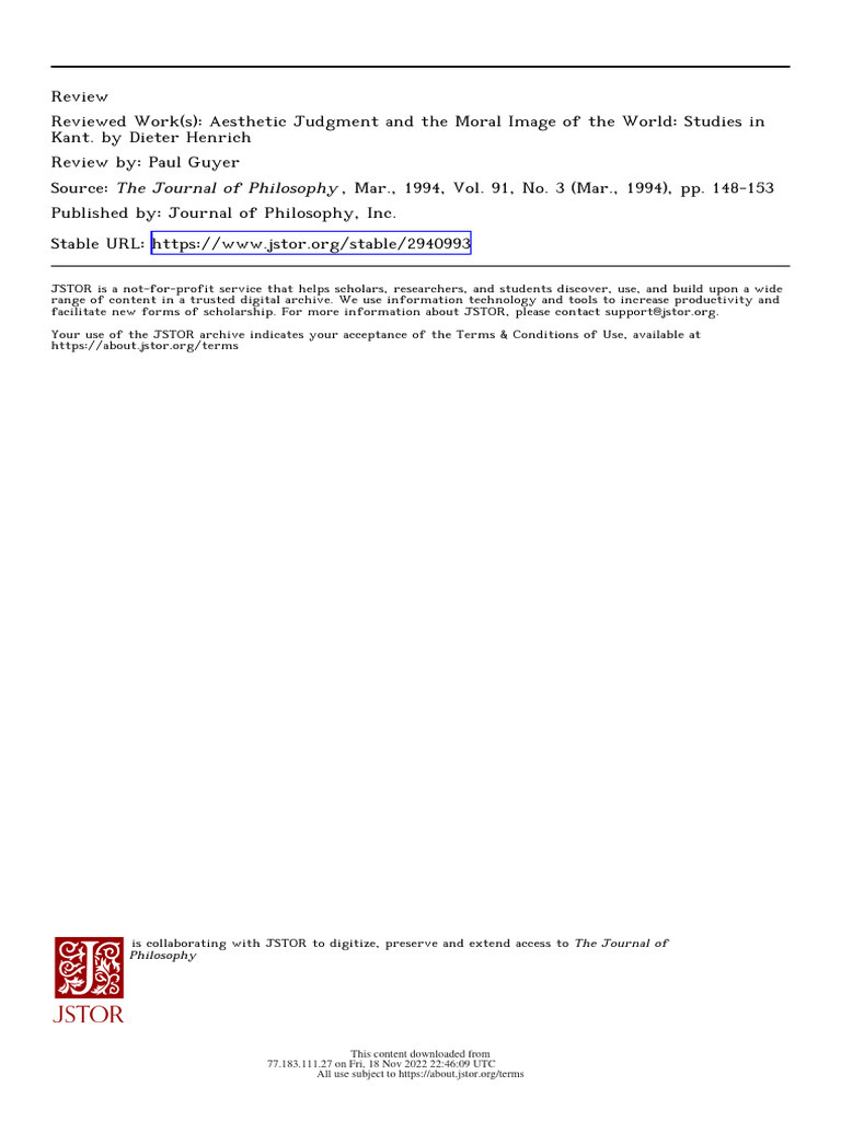 Reviewed Work(s) - Aesthetic Judgment and The Moral Image of The World ...