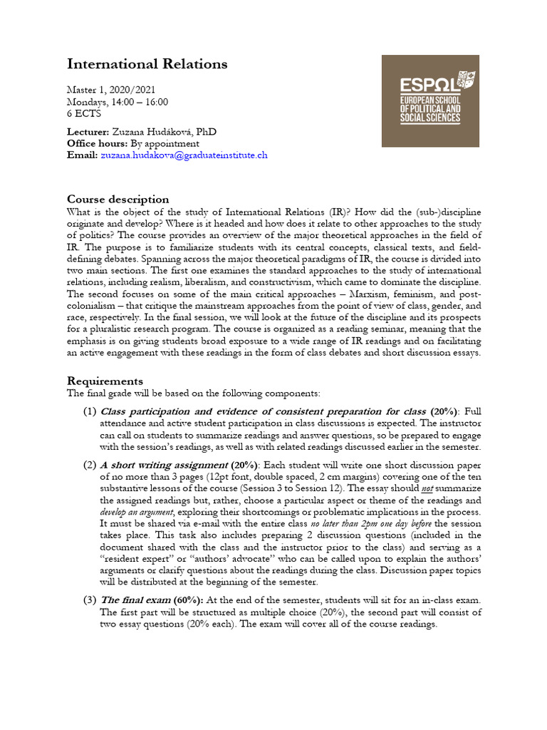 International Relations Syllabus - Hudakova - 2020 | PDF | International Relations | Political ...