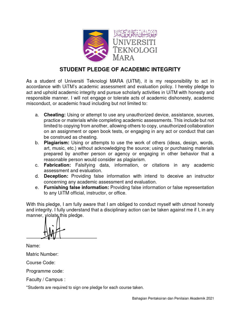Student Pledge of Academic Integrity | PDF