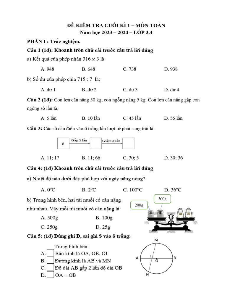 De Thi Toan Lop 3 Hoc Ki 1 Ket Noi Tri Thuc So 4 | PDF