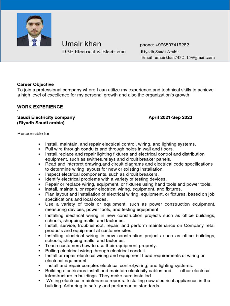 Umair Khan Electrician CV | PDF | Electrical Wiring | Electrician