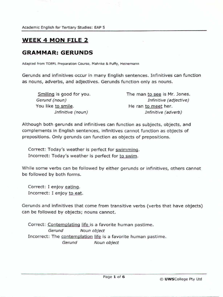 EAP5 Week 4 Mon F2 - Grammar Gerunds - No Answers | PDF