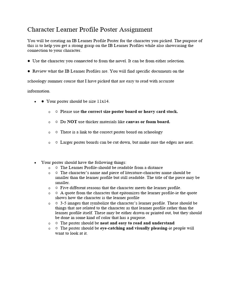 Character Learner Profile Poster Assignment | PDF | Language Arts ...