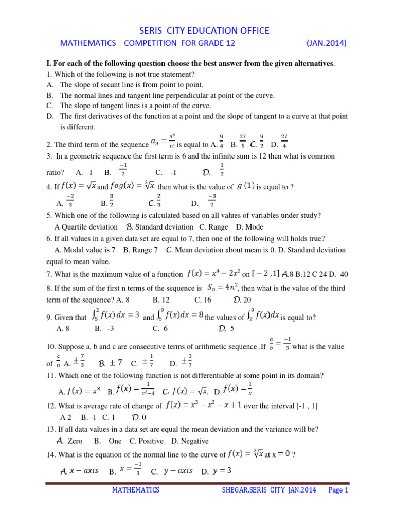 Seris City Education Office: Mathematics Competition For Grade 12 (Jan.2014) | PDF