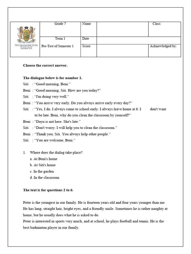 Pre Test SAS Grade 7, 2023 | PDF