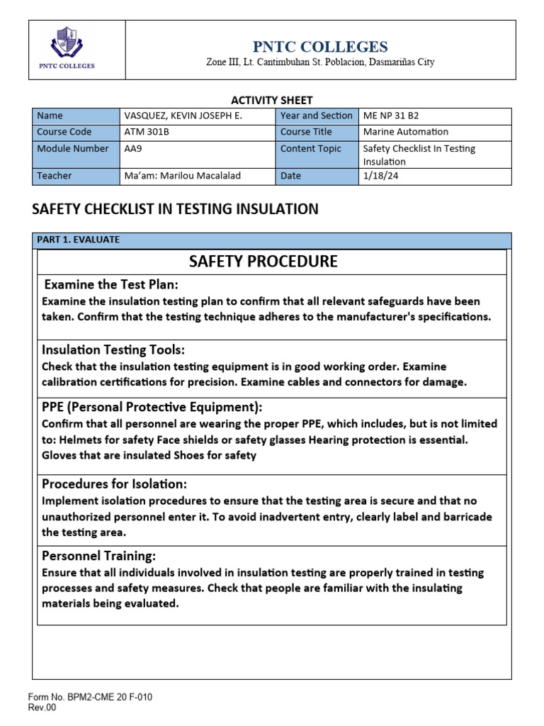 Safety Procedure: Safety Checklist in Testing Insulation | PDF