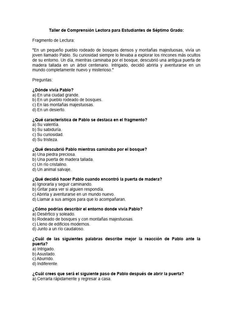 Taller de Comprensión Lectora para Estudiantes de Séptimo Grado | PDF