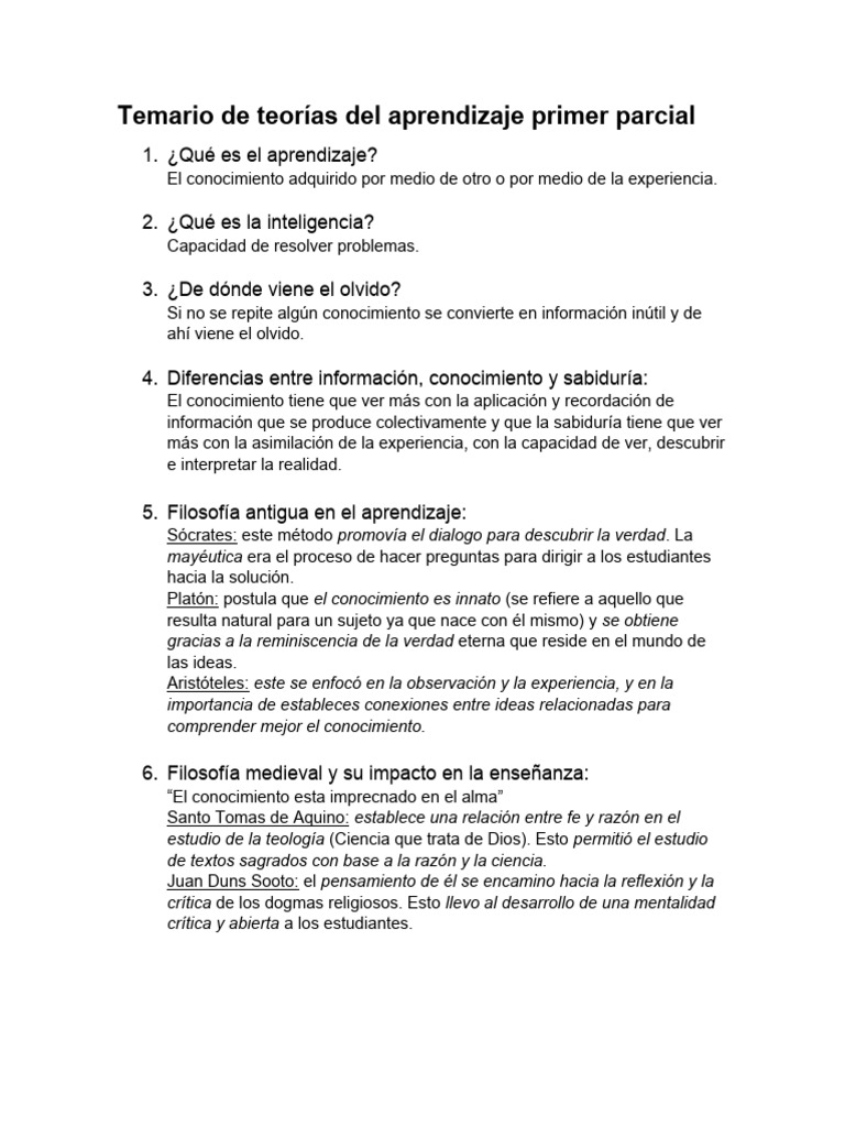 Temario de Teorías Del Aprendizaje Primer Parcial | PDF | Conocimiento | Aprendizaje