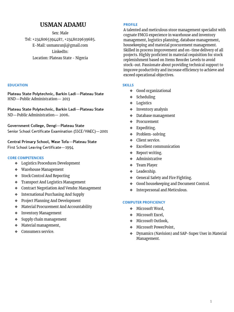 Usman Adamu CV | Download Free PDF | Warehouse | Logistics