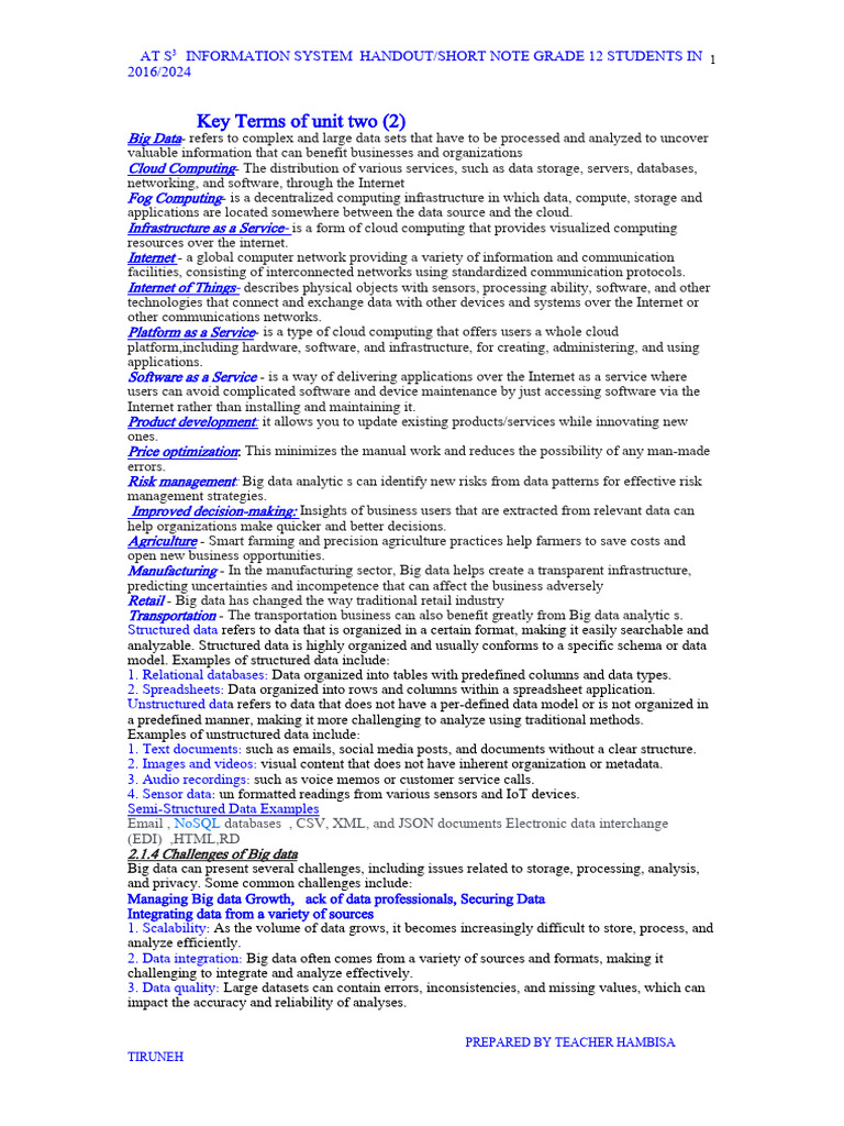 Key Terms of Unit Two (2) : 2.1.4 Challenges of Big Data | PDF | Cloud ...