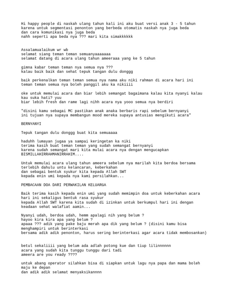 Teks MC Ultah Versi 5 Tahun | PDF