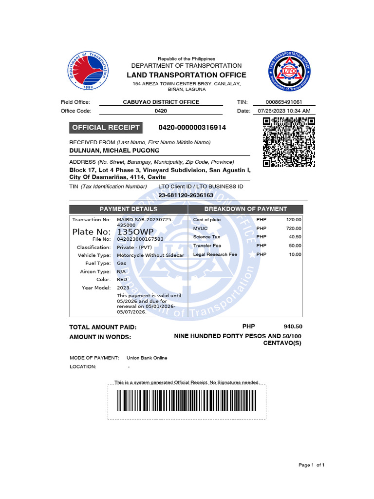 LTO Official Receipt Sample 2023 | PDF
