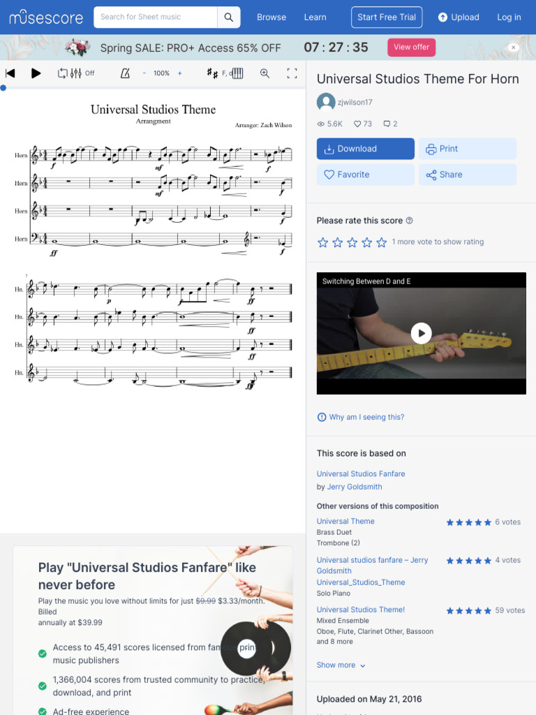 Universal Studios Theme For Horn Sheet Music For French Horn (Mixed Quartet) | PDF | Musical ...