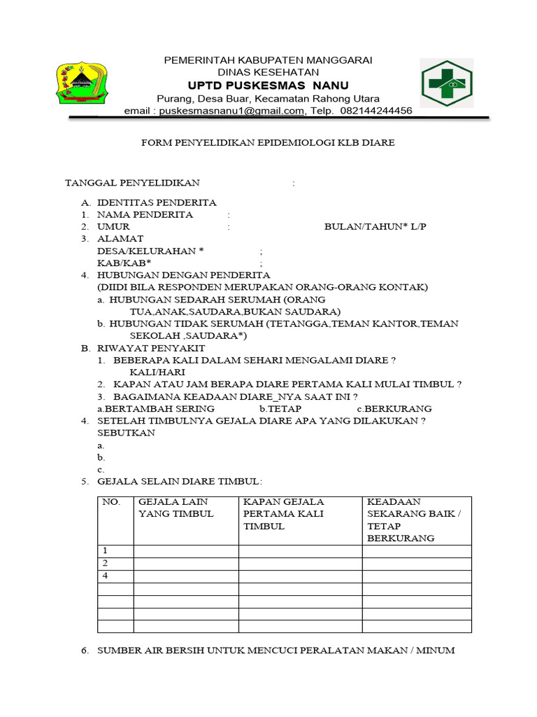 Form Penyelidikan Epidemiologi KLB Diare | PDF