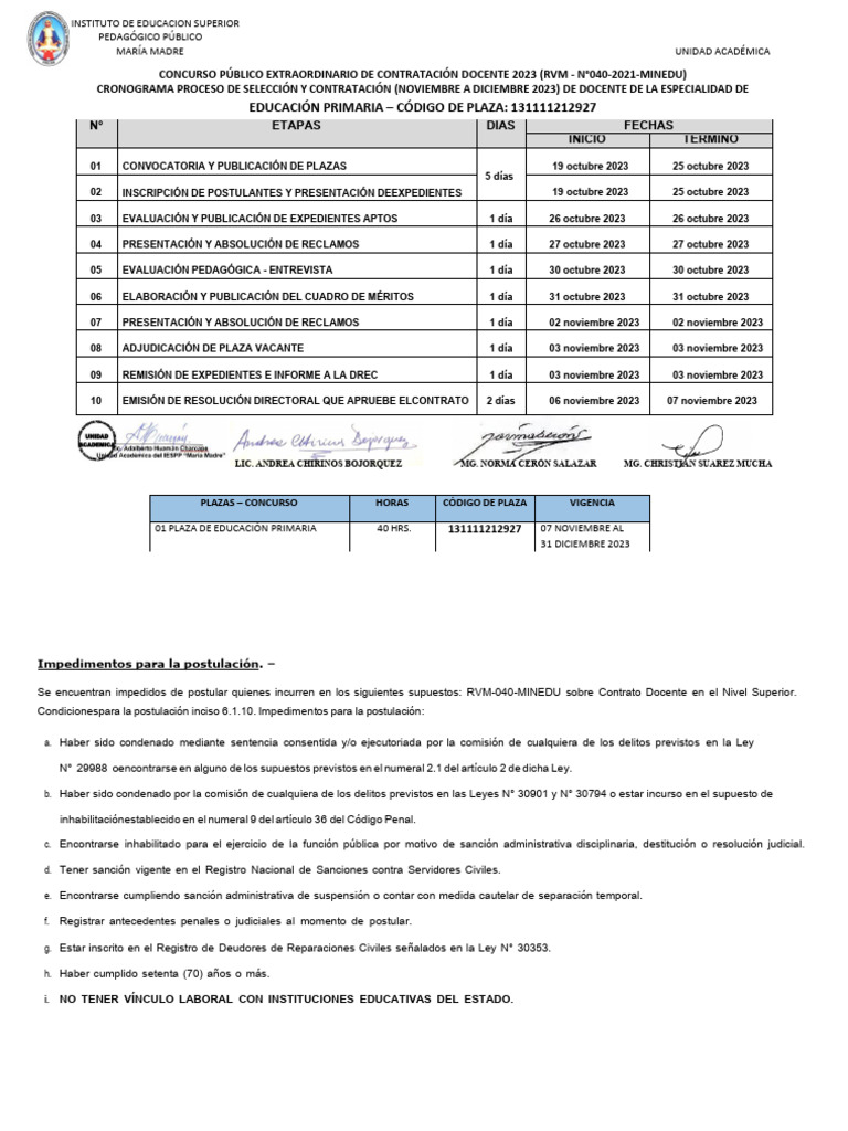 Convocatoria Extraordinaria Docente 2023 Iesp Maria Madre | PDF | Derecho