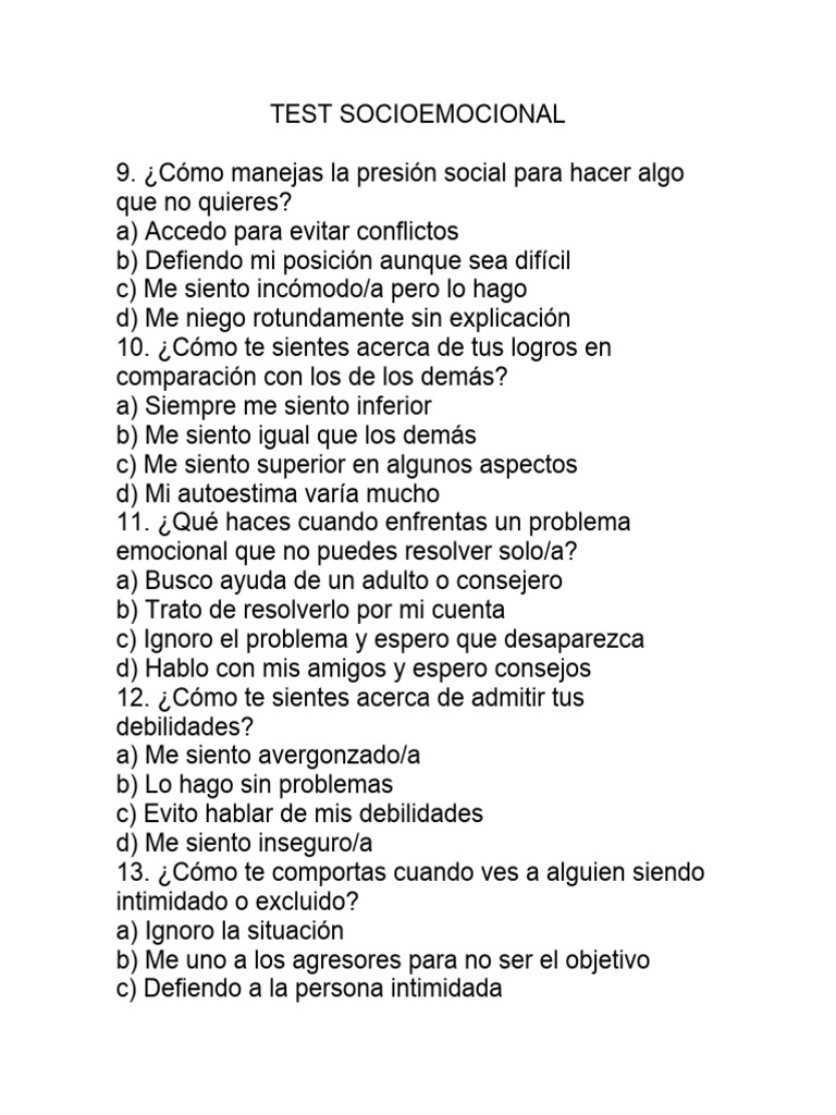 TEST SOCIOEMOCIONAL para Imprimir | PDF | Autoestima | Las emociones