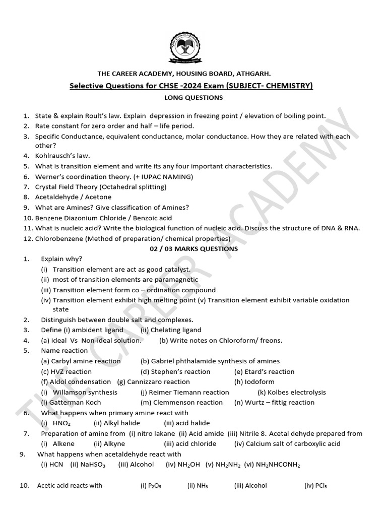 Chemistry Selective Questions - 2024 | PDF | Transition Metals | Acid