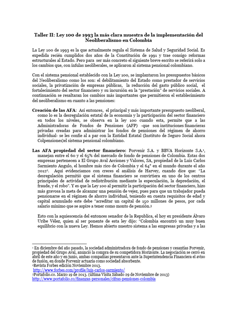 Ley 100 de 1993 La Más Clara Muestra de La Implementación Del Neoliberalismo en Colombia | PDF ...