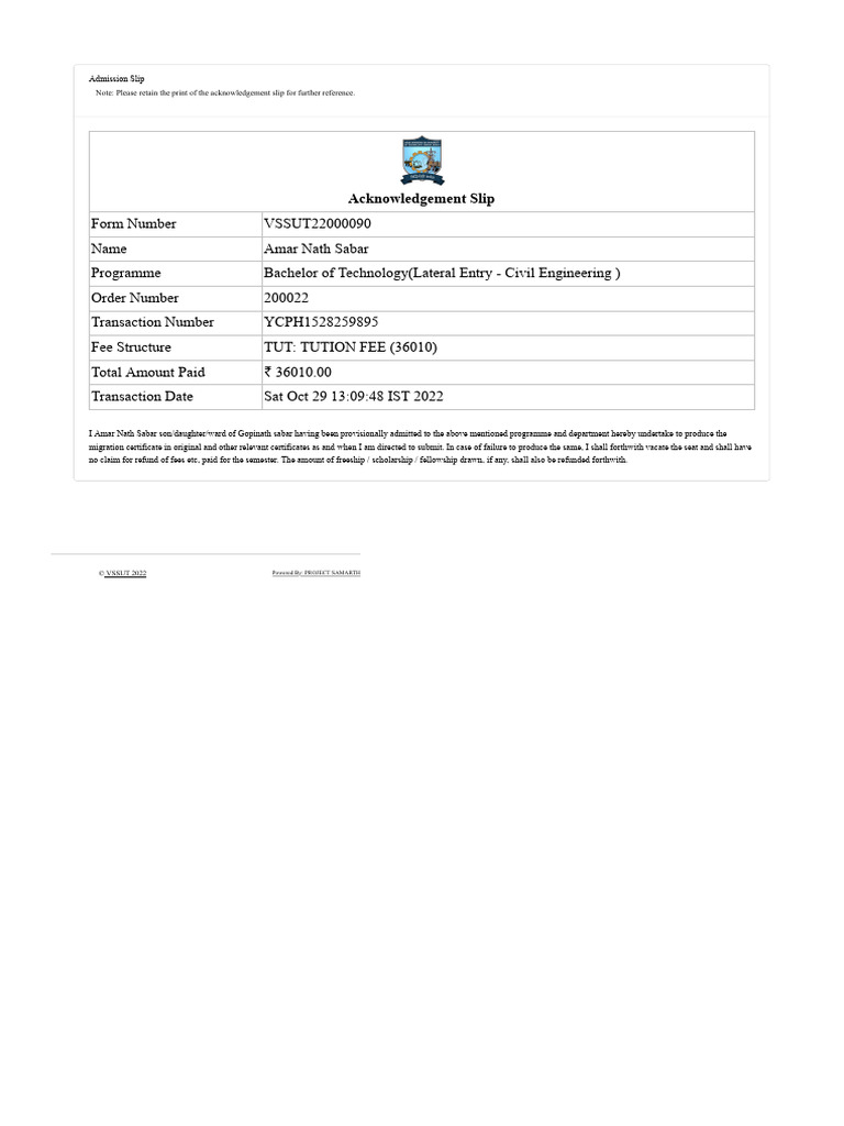 Vssut Money Receipt | PDF