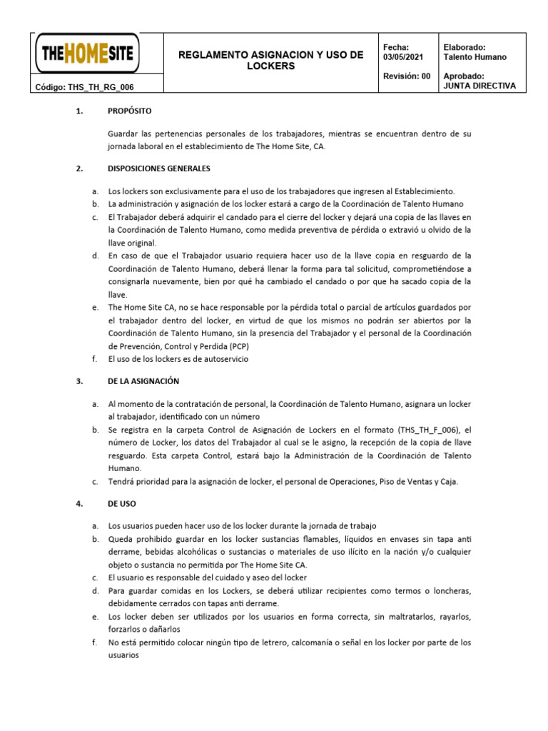 THS - TH - RG - 006 Reglamento Asig y Uso Lockers | PDF
